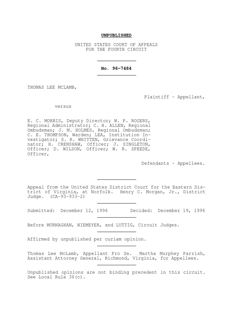 McLamb v. Morris, 4th Cir. (1996) | PDF | Politics | Law