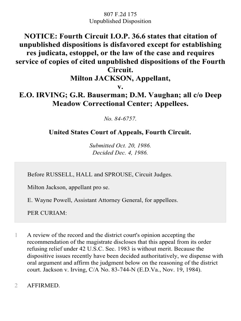 Milton Jackson v. E.O. Irving G.R. Bauserman D.M. Vaughan All C/o Deep Meadow Correctional ...