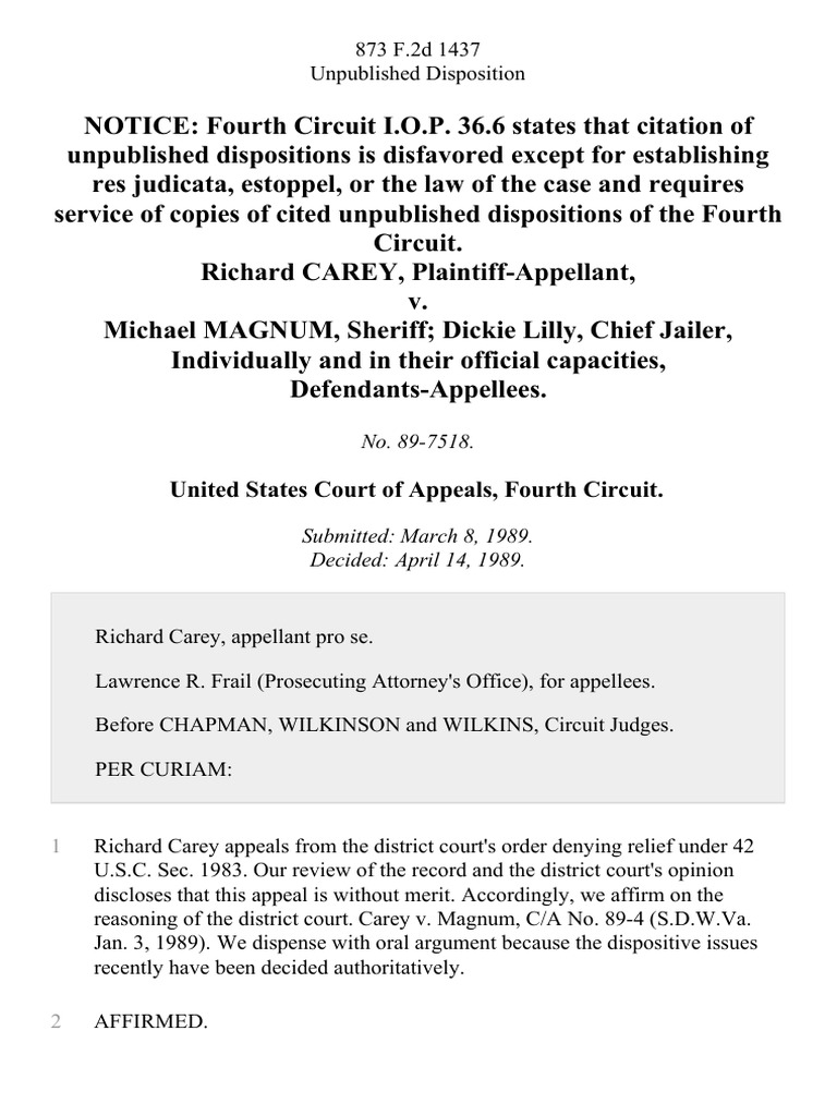 Richard Carey v. Michael Magnum, Sheriff Dickie Lilly, Chief Jailer ...