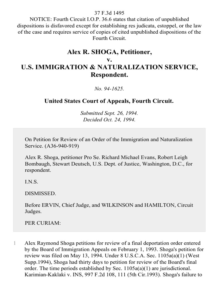 Alex R. Shoga v. U.S. Immigration & Naturalization Service, 37 F.3d ...