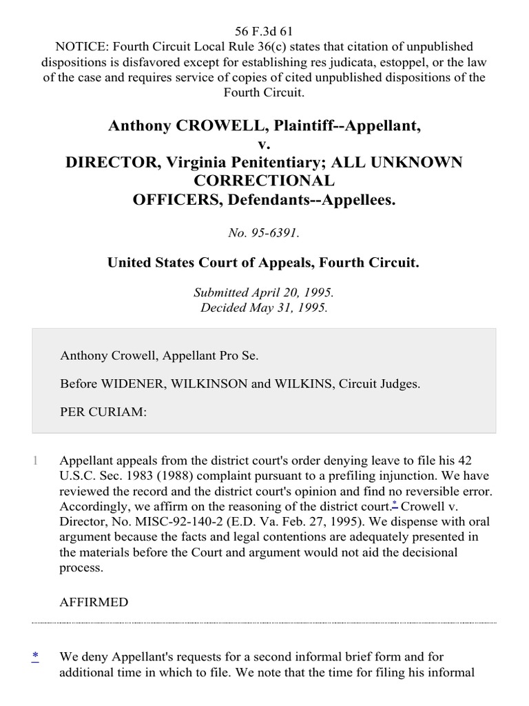 Anthony CROWELL, Plaintiff - Appellant, v. DIRECTOR, Virginia ...