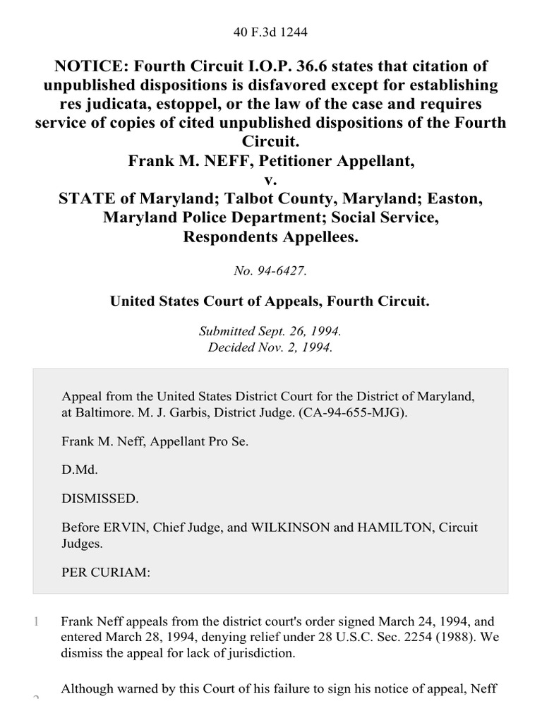 Frank M. Neff v. State of Maryland Talbot County, Maryland Easton ...