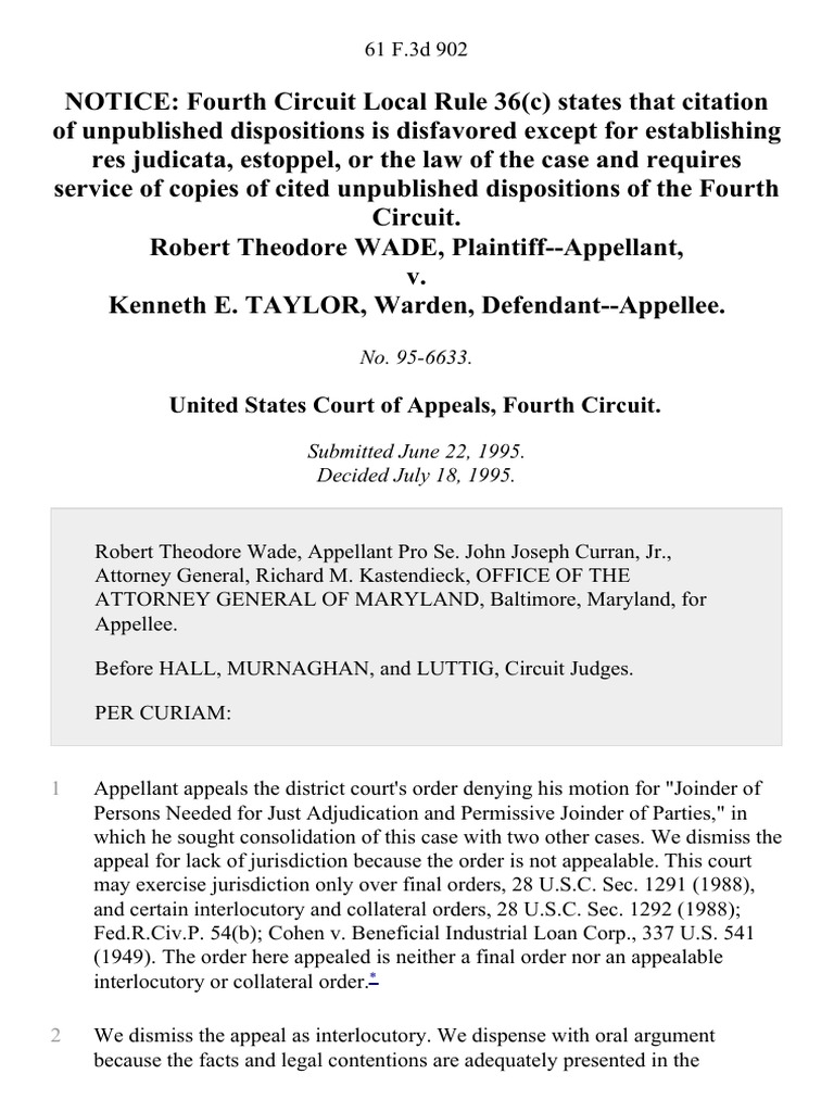Robert Theodore Wade v. Kenneth E. Taylor, Warden, 61 F.3d 902, 4th Cir ...