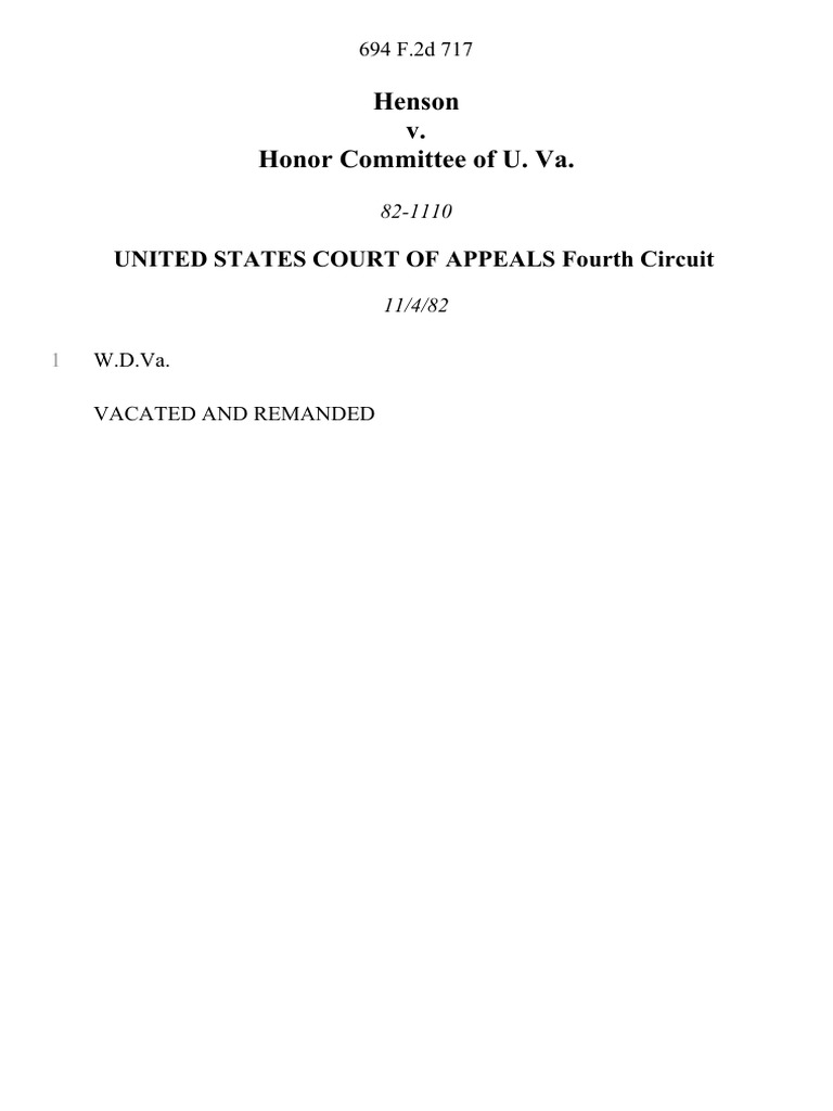 Henson v. Honor Committee of U. Va, 694 F.2d 717, 4th Cir. (1982) | PDF ...