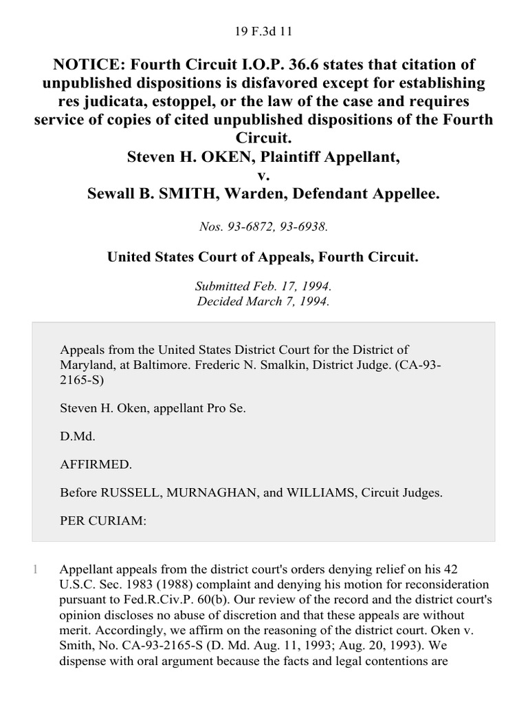 Steven H. Oken v. Sewall B. Smith, Warden, 19 F.3d 11, 4th Cir. (1994 ...