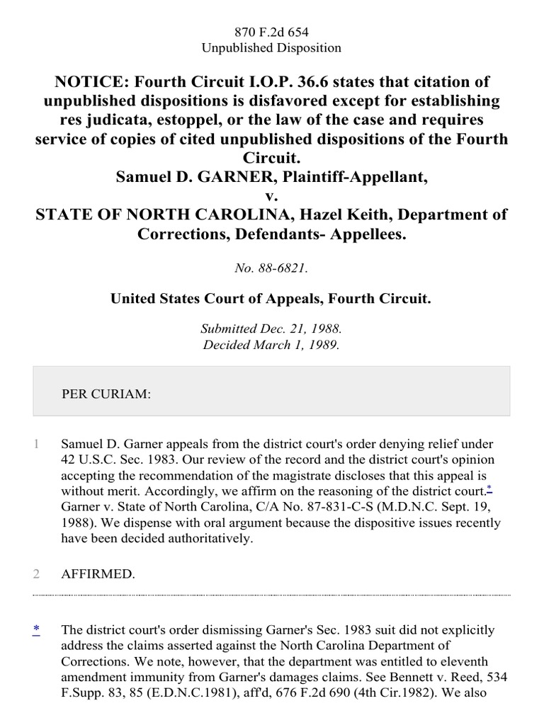 Samuel D. Garner v. State of North Carolina, Hazel Keith, Department of Corrections, Defendants ...