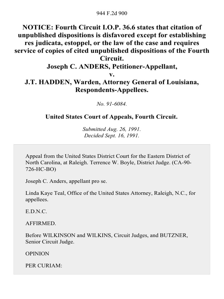 Joseph C. Anders v. J.T. Hadden, Warden, Attorney General of Louisiana ...