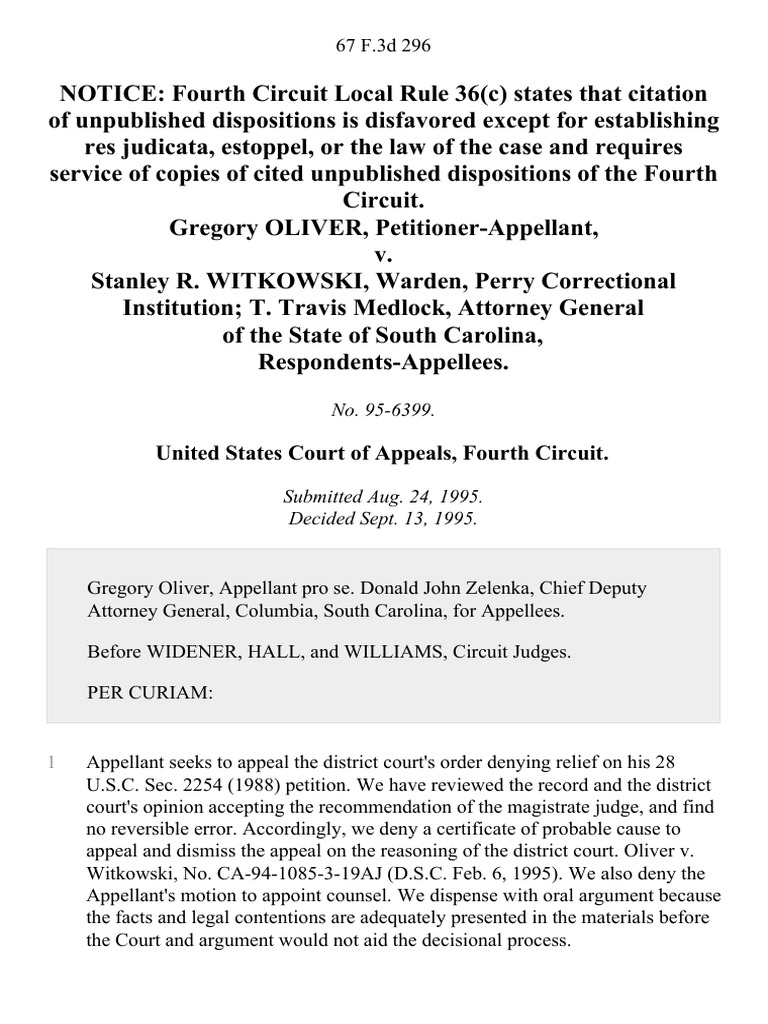 Appeal Dismissal in Oliver v. Witkowski | PDF | Politics | Law