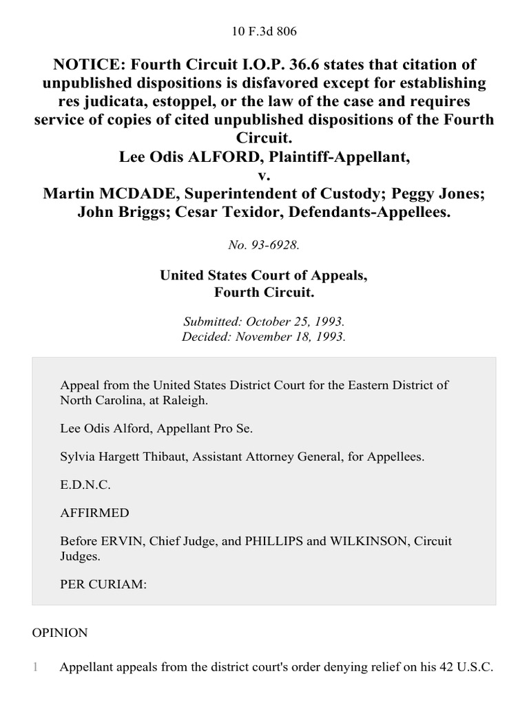 Lee Odis Alford v. Martin McDade Superintendent of Custody Peggy Jones ...