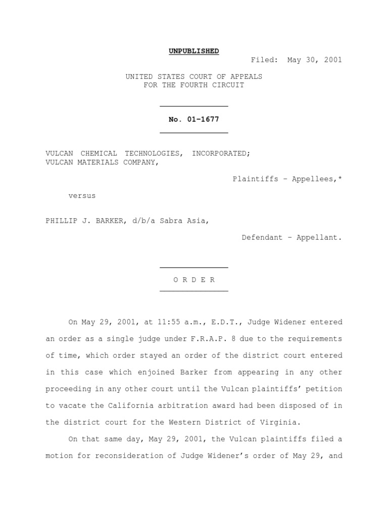 Vulcan Chemical v. Barker, 4th Cir. (2001) | PDF