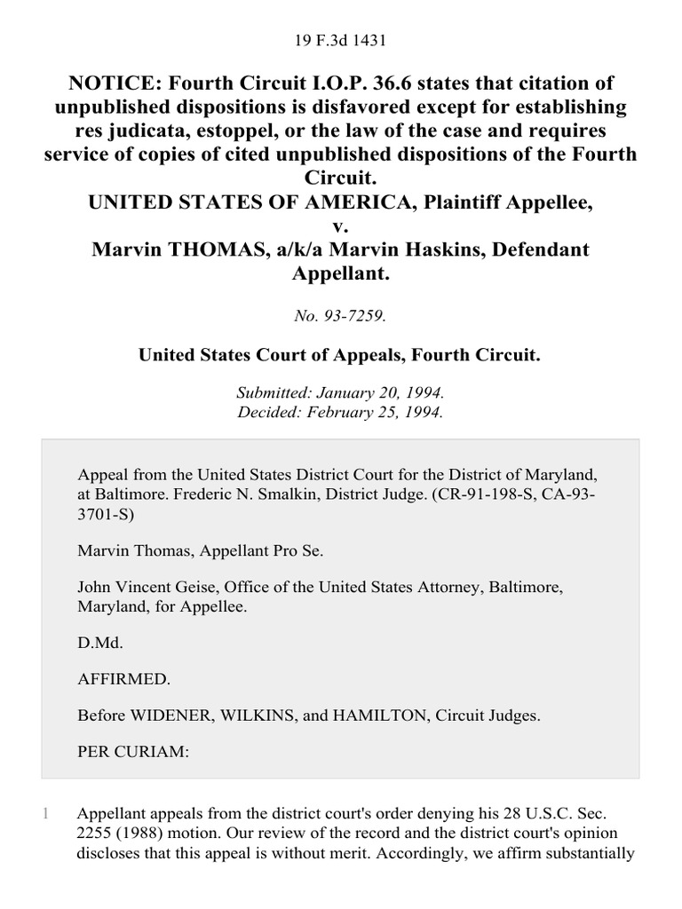 United States v. Marvin Thomas, A/K/A Marvin Haskins, 19 F.3d 1431, 4th ...