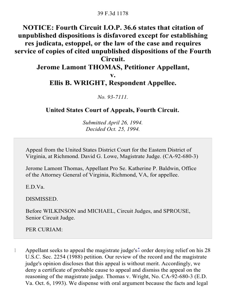 Jerome Lamont Thomas v. Ellis B. Wright, 39 F.3d 1178, 4th Cir. (1994 ...