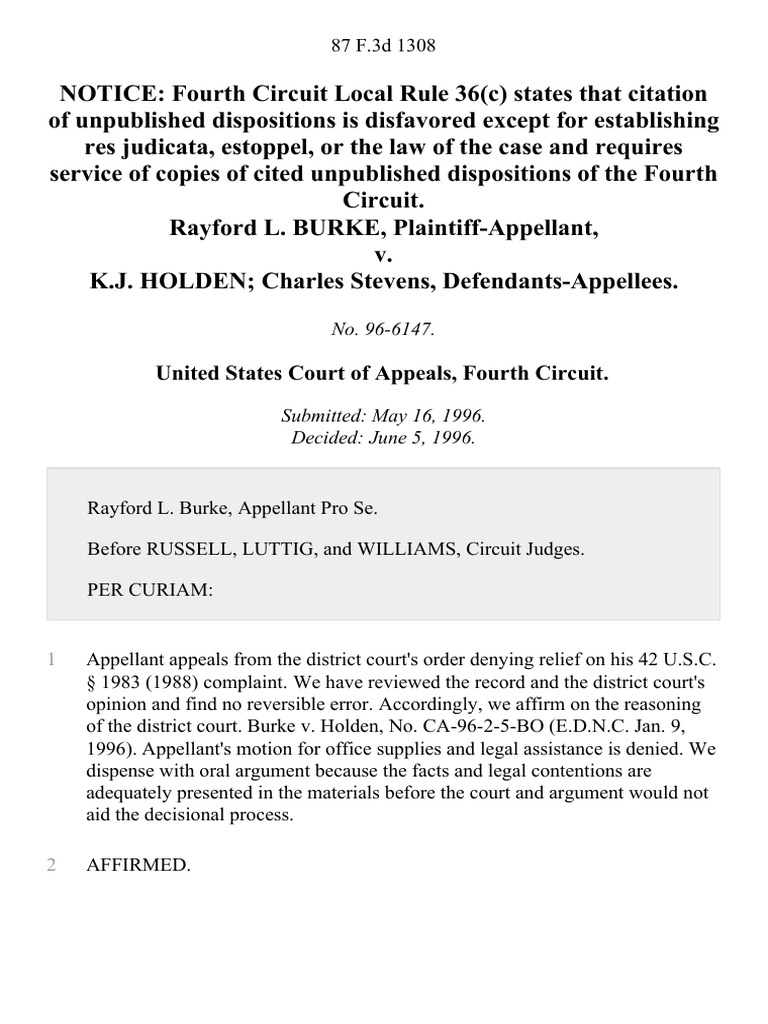 Rayford L. Burke v. K.J. Holden Charles Stevens, 87 F.3d 1308, 4th Cir ...
