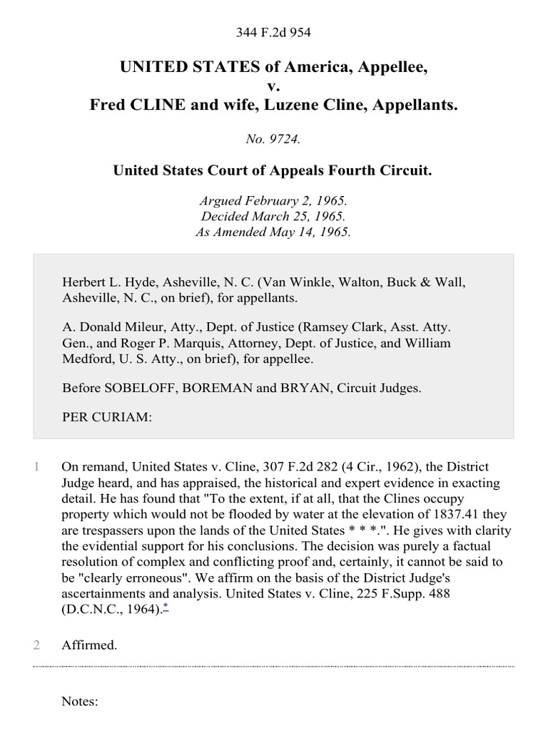 United States v. Fred Cline and Wife, Luzene Cline, 344 F.2d 954, 4th ...