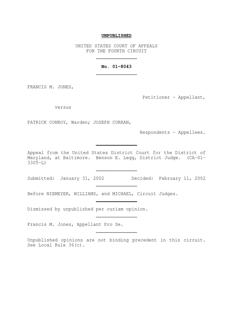 Jones v. Conroy, 4th Cir. (2002) | PDF | Politics | Sports & Recreation