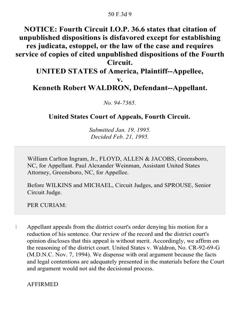 United States v. Kenneth Robert Waldron, 50 F.3d 9, 4th Cir. (1995 ...