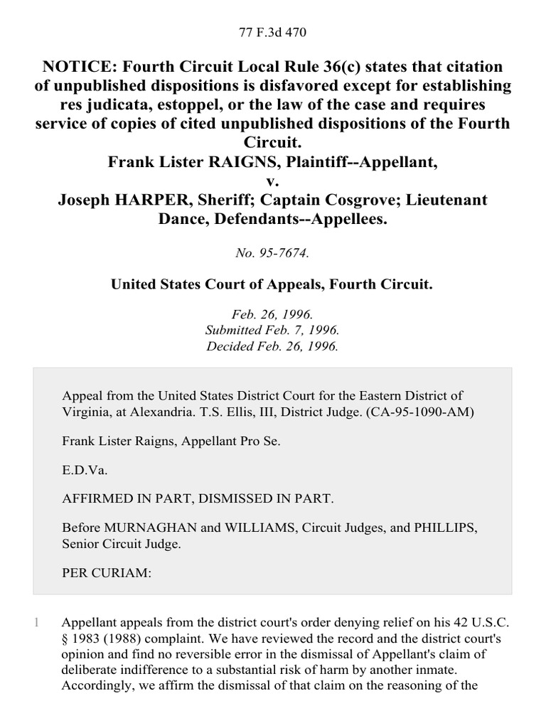 Frank Lister Raigns v. Joseph Harper, Sheriff Captain Cosgrove ...