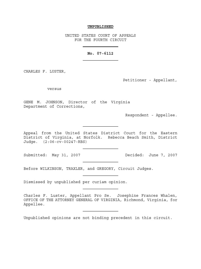 Luster v. Johnson, 4th Cir. (2007) | PDF