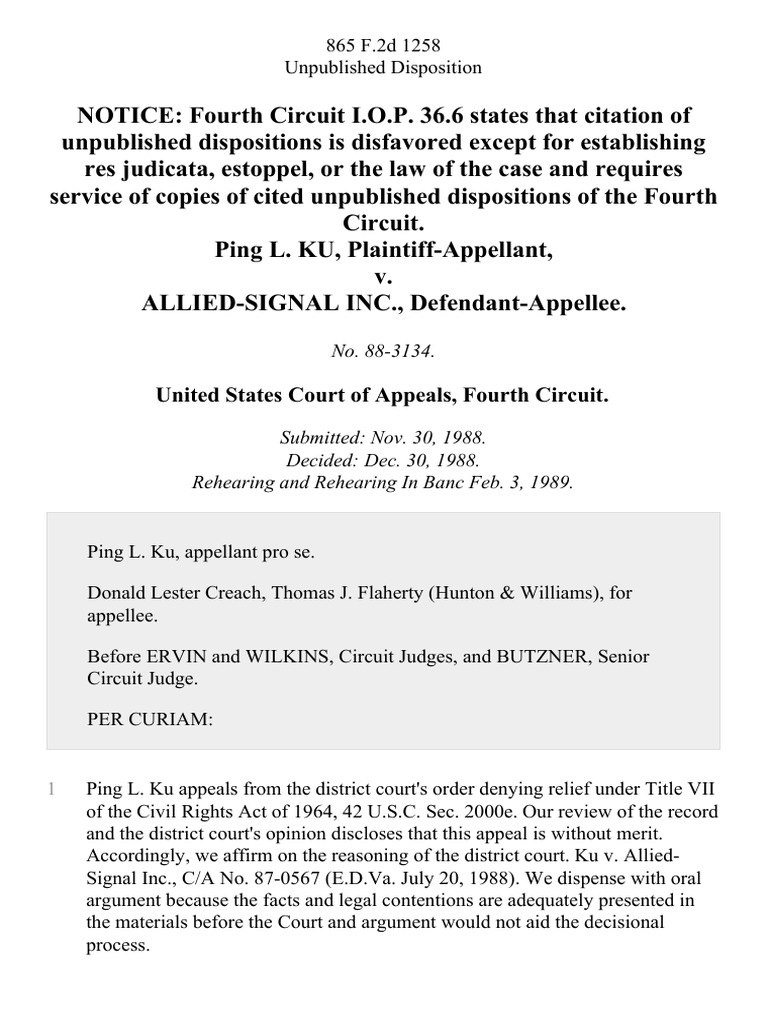Ping L. Ku v. Allied-Signal Inc., 865 F.2d 1258, 4th Cir. (1989) | PDF