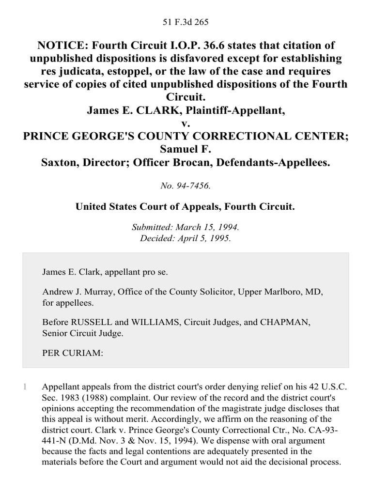 James E. Clark v. Prince George's County Correctional Center Samuel F ...