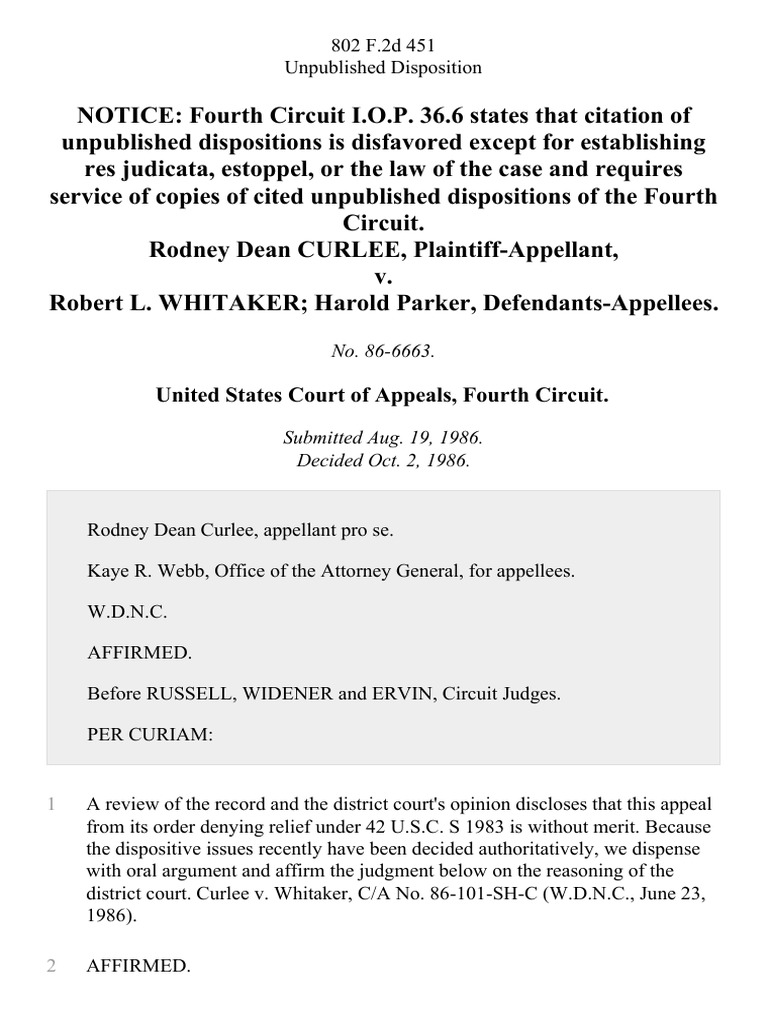 Rodney Dean Curlee v. Robert L. Whitaker Harold Parker, 802 F.2d 451 ...