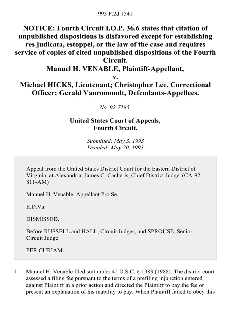 Manuel H. Venable v. Michael Hicks, Lieutenant Christopher Lee ...