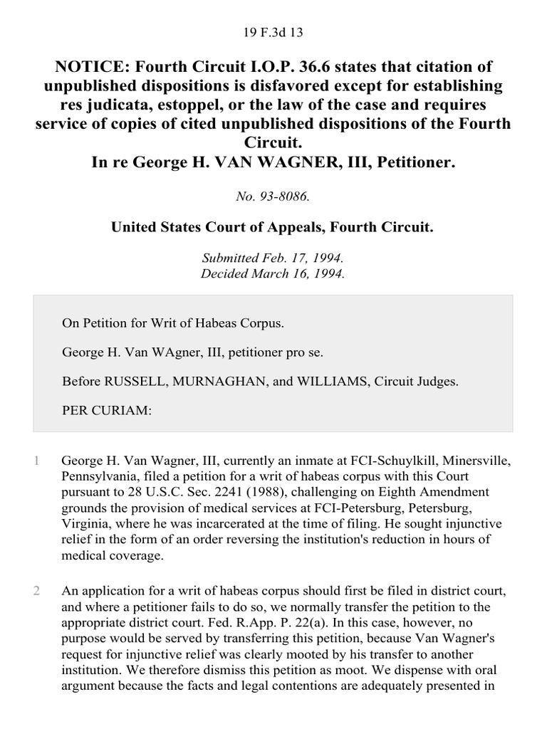 In Re George H. Van Wagner, III, 19 F.3d 13, 4th Cir. (1994) | PDF