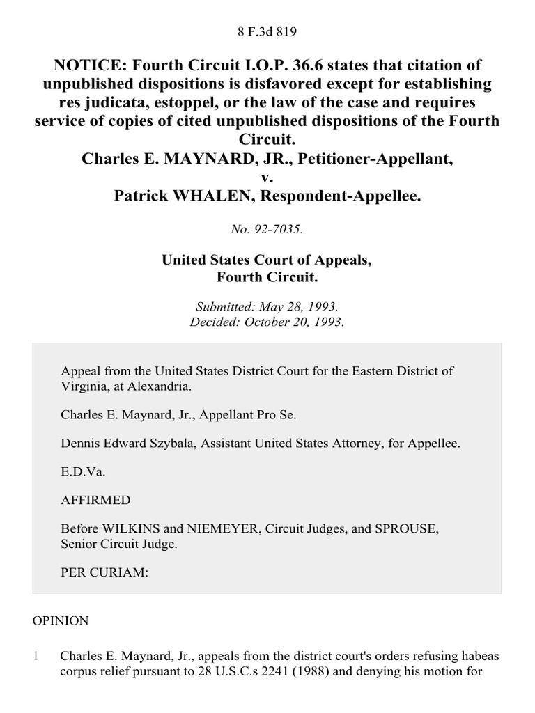 Charles E. Maynard, Jr. v. Patrick Whalen, 8 F.3d 819, 4th Cir. (1993 ...