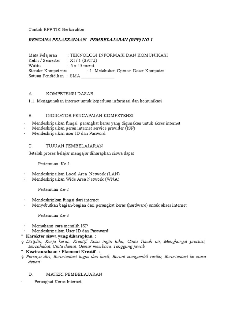 Contoh RPP TIK Berkarakter | PDF