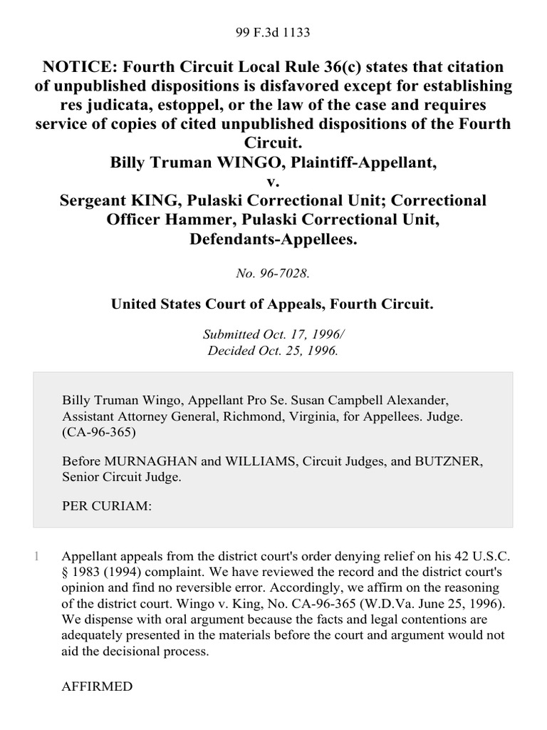 Billy Truman Wingo v. Sergeant King, Pulaski Correctional Unit ...