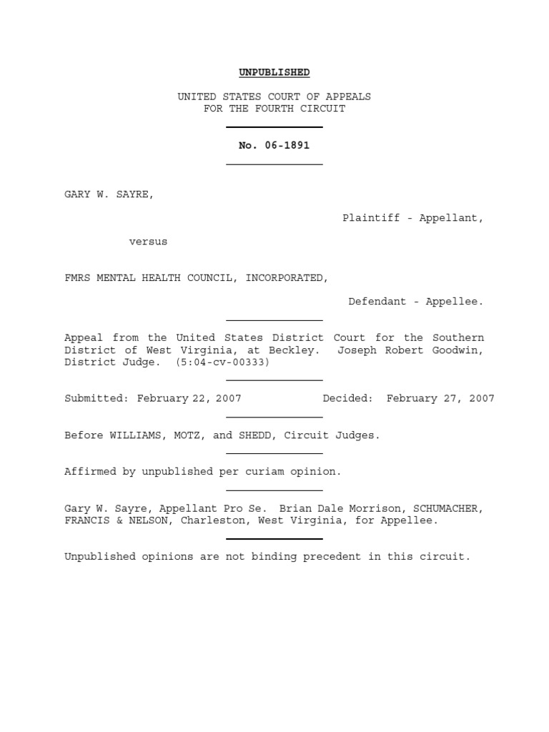 Sayre v. FMRS Mental Health, 4th Cir. (2007) | PDF | Sports & Recreation