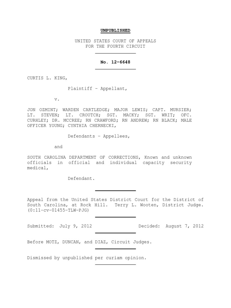 Curtis King v. Jon Ozmint, 4th Cir. (2012) | PDF | Social Science | Law