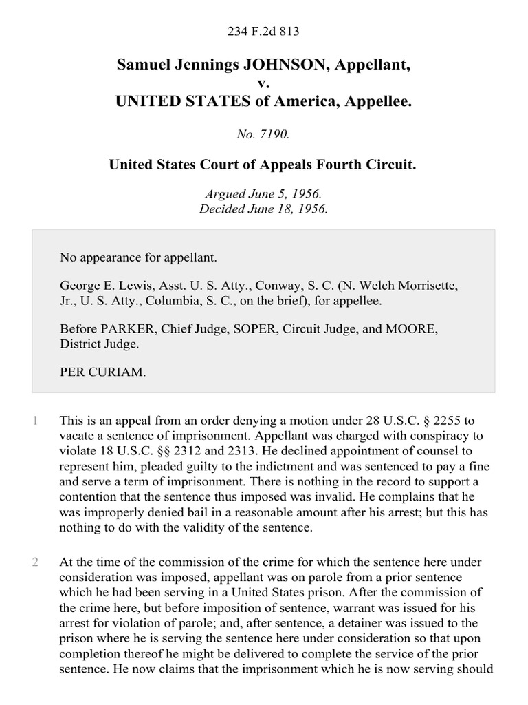 Samuel Jennings Johnson v. United States, 234 F.2d 813, 4th Cir. (1956 ...