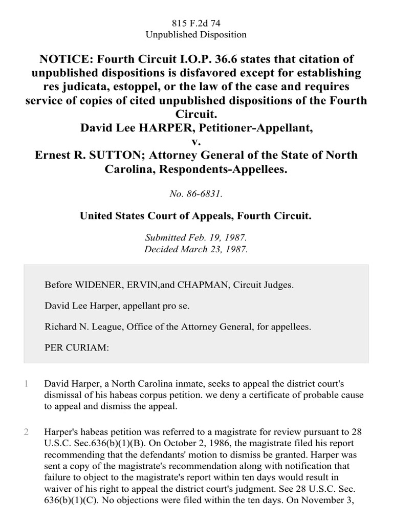 David Lee Harper v. Ernest R. Sutton Attorney General of The State of ...