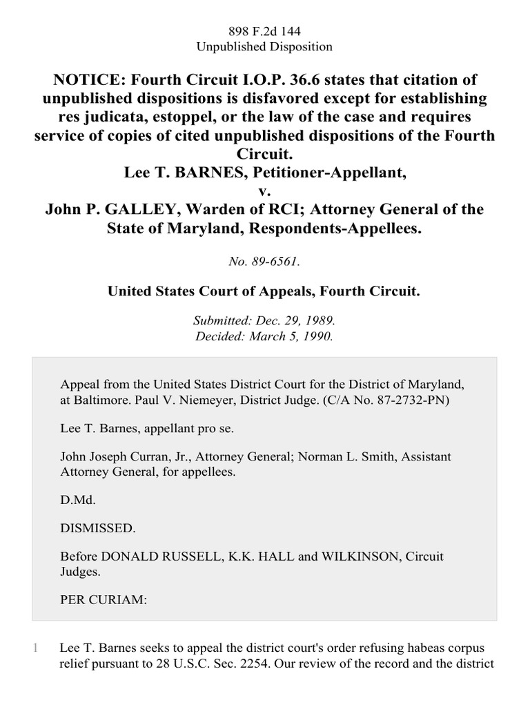Lee T. Barnes v. John P. Galley, Warden of Rci Attorney General of The ...