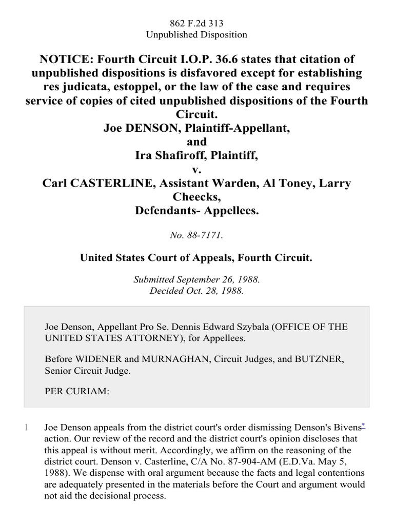 Joe Denson, and Ira Shafiroff v. Carl Casterline, Assistant Warden, Al ...