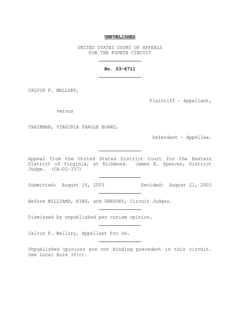 Mallory v. Chairman VA Parole, 4th Cir. (2003) | PDF | Social Science