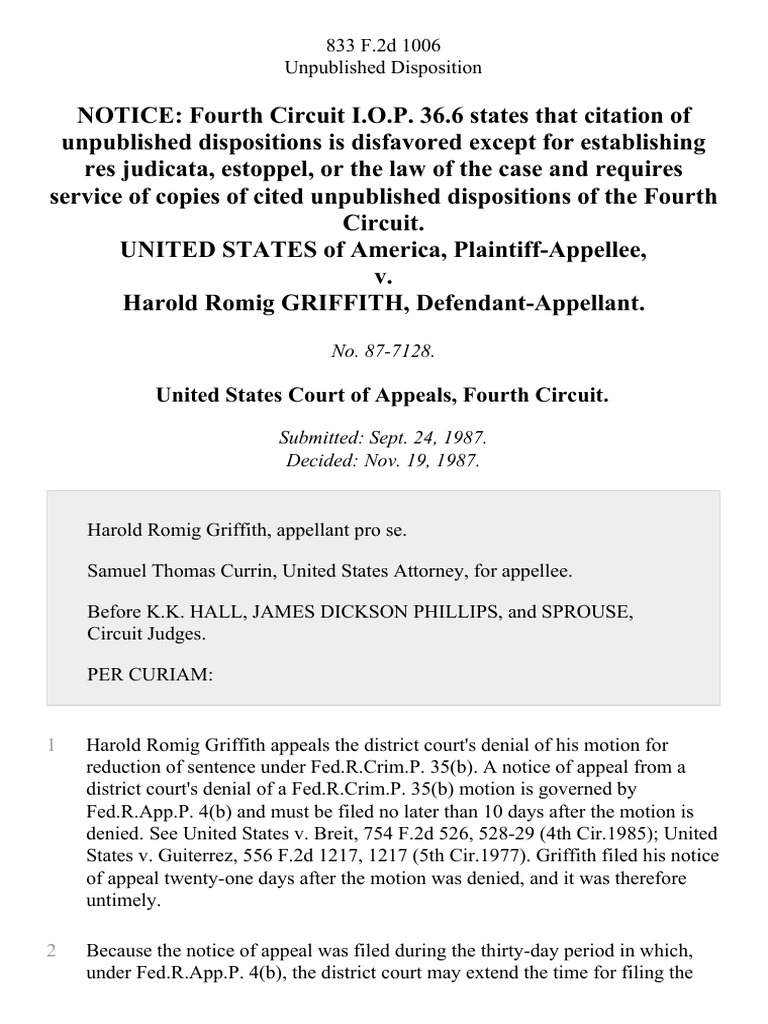 United States v. Harold Romig Griffith, 833 F.2d 1006, 4th Cir. (1987 ...