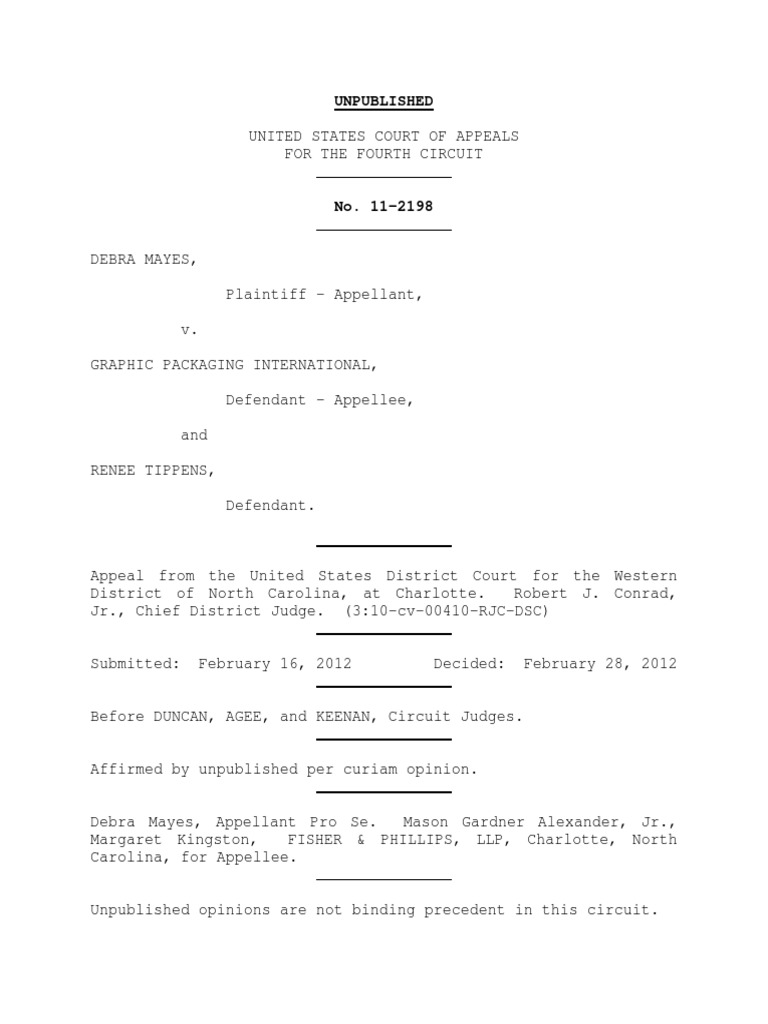Debra Mayes v. Graphic Packaging, 4th Cir. (2012) | PDF