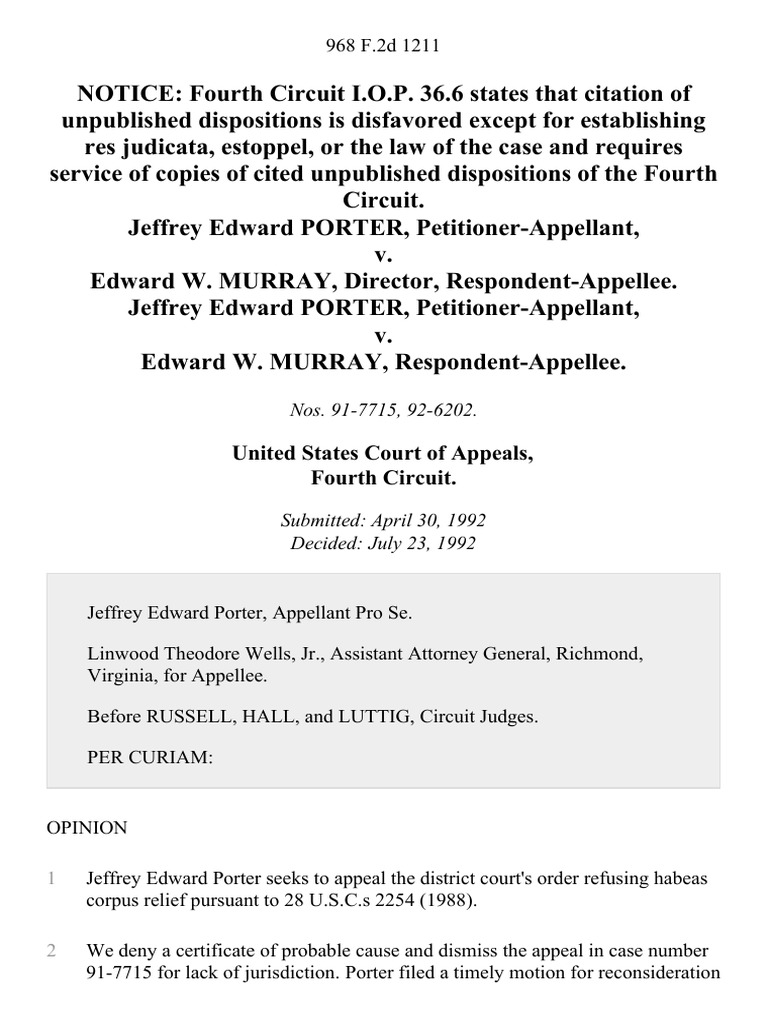 Jeffrey Edward Porter v. Edward W. Murray, Director, Jeffrey Edward ...