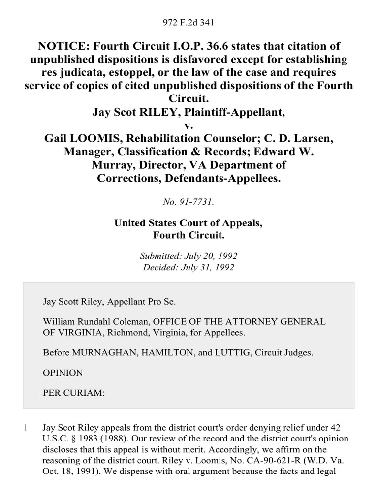Riley v. Loomis: Fourth Circuit Appeal Affirmed | PDF