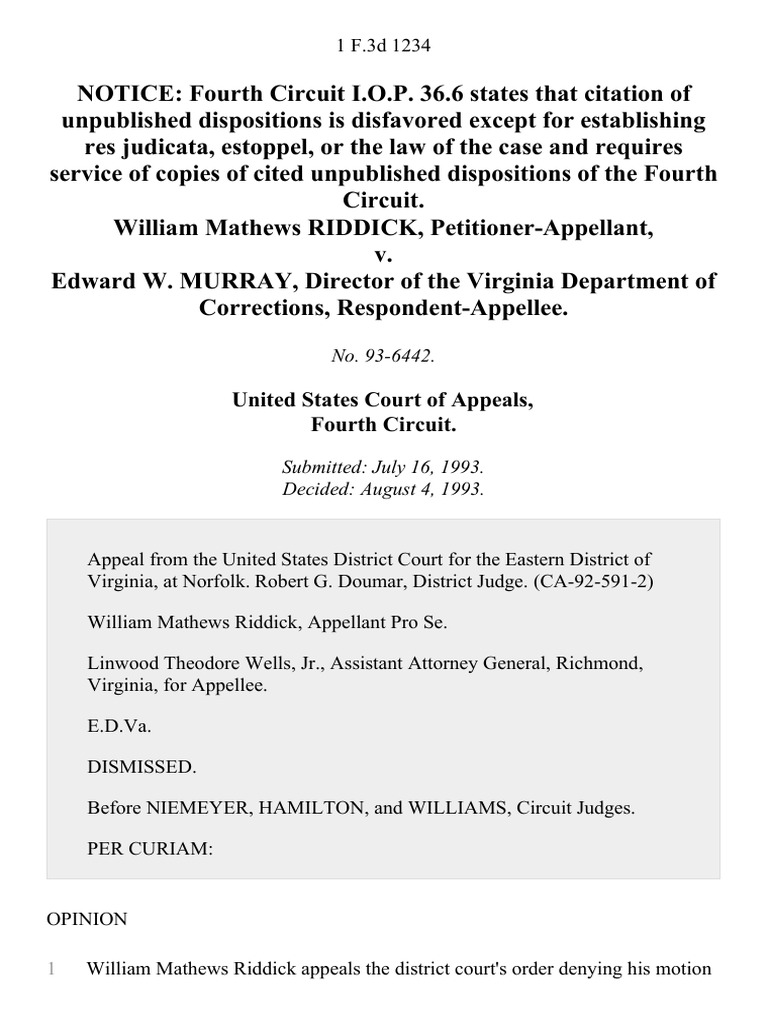 William Mathews Riddick v. Edward W. Murray, Director of The Virginia ...