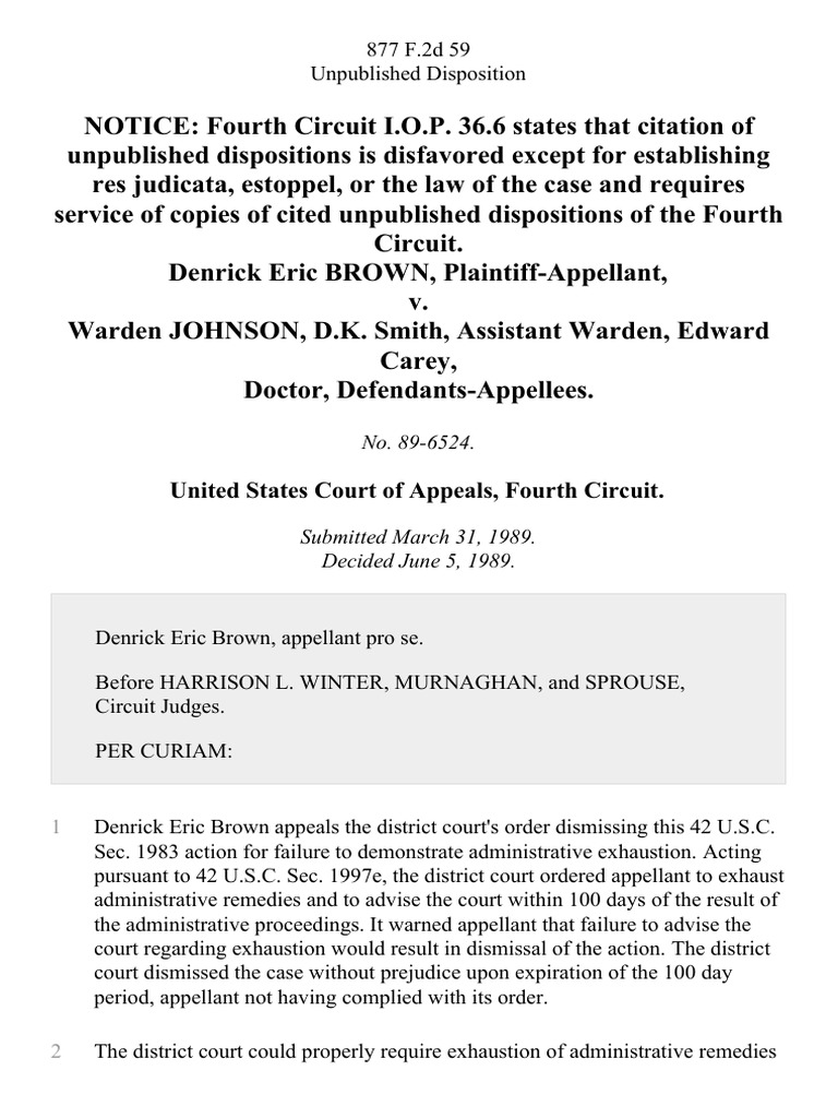 Denrick Eric Brown v. Warden Johnson, D.K. Smith, Assistant Warden ...