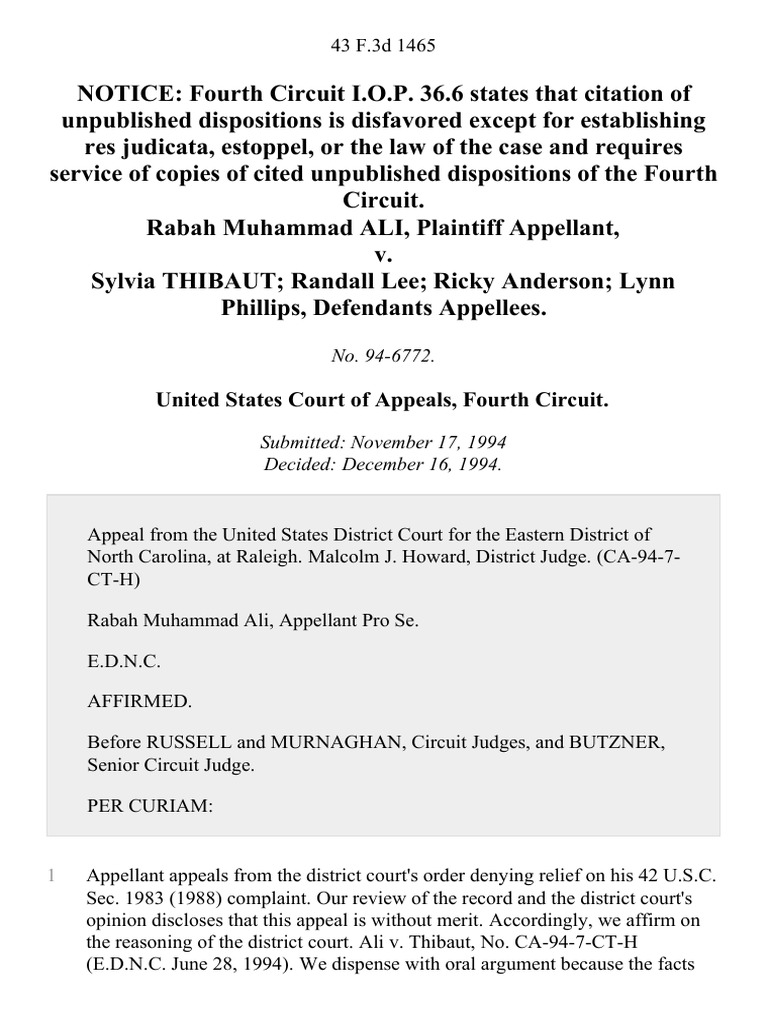 Rabah Muhammad Ali v. Sylvia Thibaut Randall Lee Ricky Anderson Lynn ...