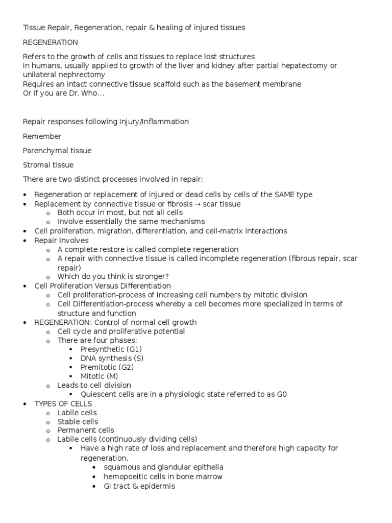 Tissue Repair Notes | PDF | Wound Healing | Extracellular Matrix