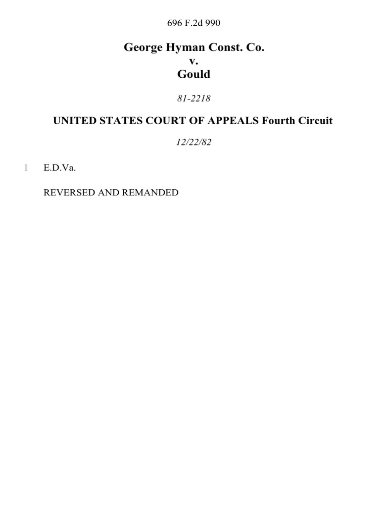 George Hyman Const. Co. v. Gould, 696 F.2d 990, 4th Cir. (1982) | PDF