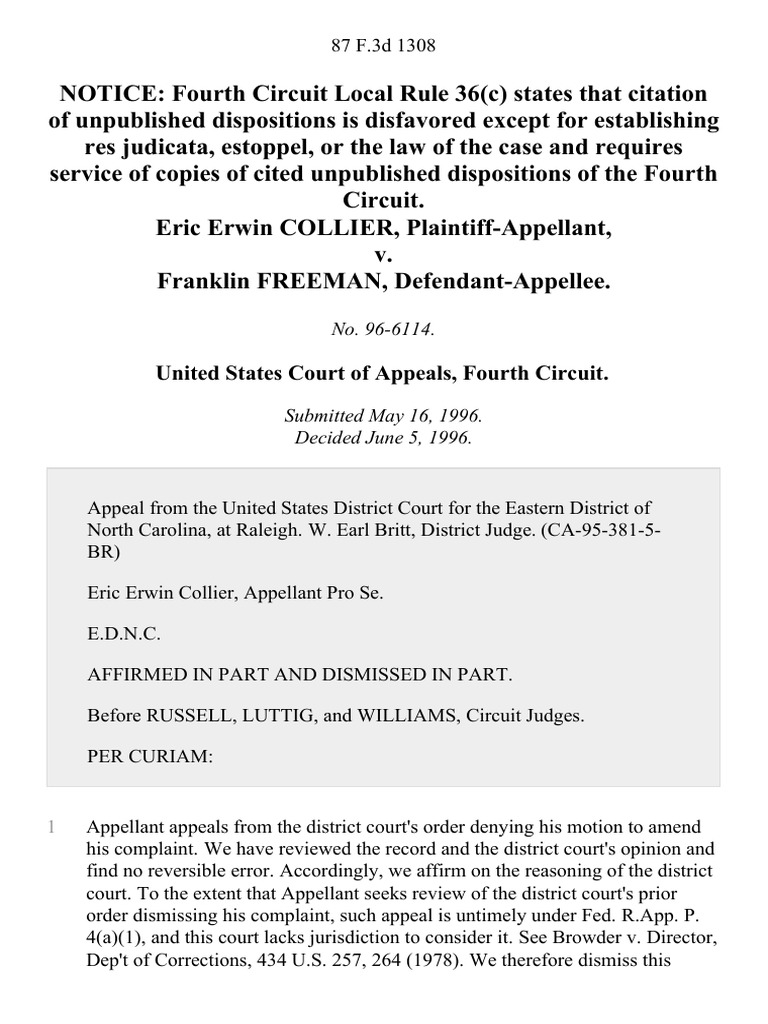 Eric Erwin Collier v. Franklin Freeman, 87 F.3d 1308, 4th Cir. (1996) | PDF