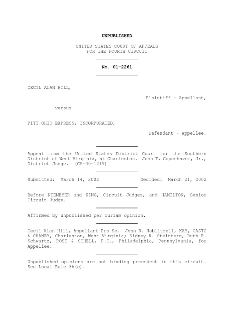Hill v. Pitt Ohio Express, 4th Cir. (2002) | PDF
