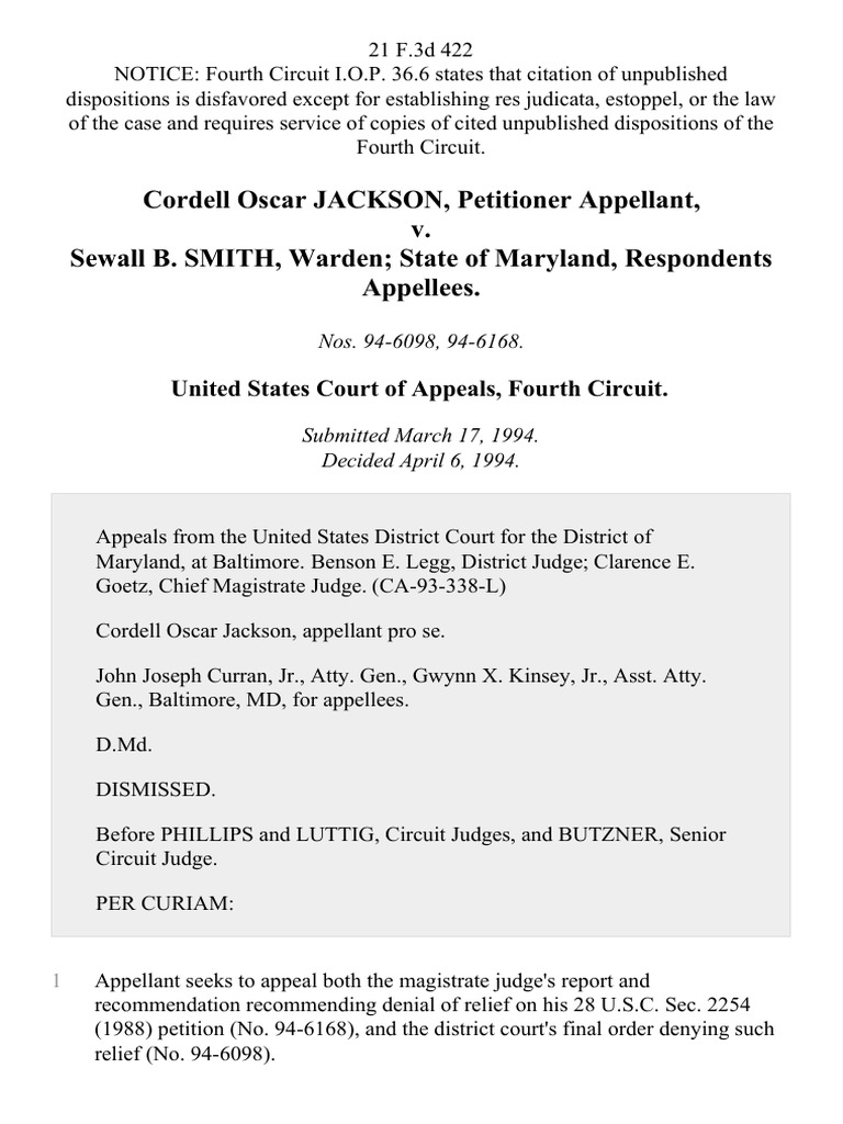Cordell Oscar Jackson v. Sewall B. Smith, Warden State of Maryland, 21 ...