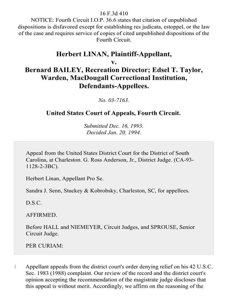 Herbert Linan v. Bernard Bailey, Recreation Director Edsel T. Taylor ...